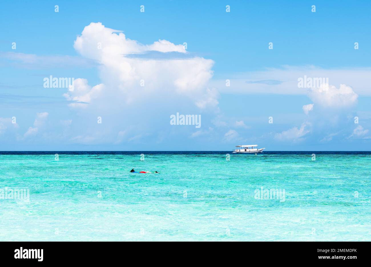 A man snorkelling in a tropical lagoon, Baa Atoll, Maldives Stock Photo ...