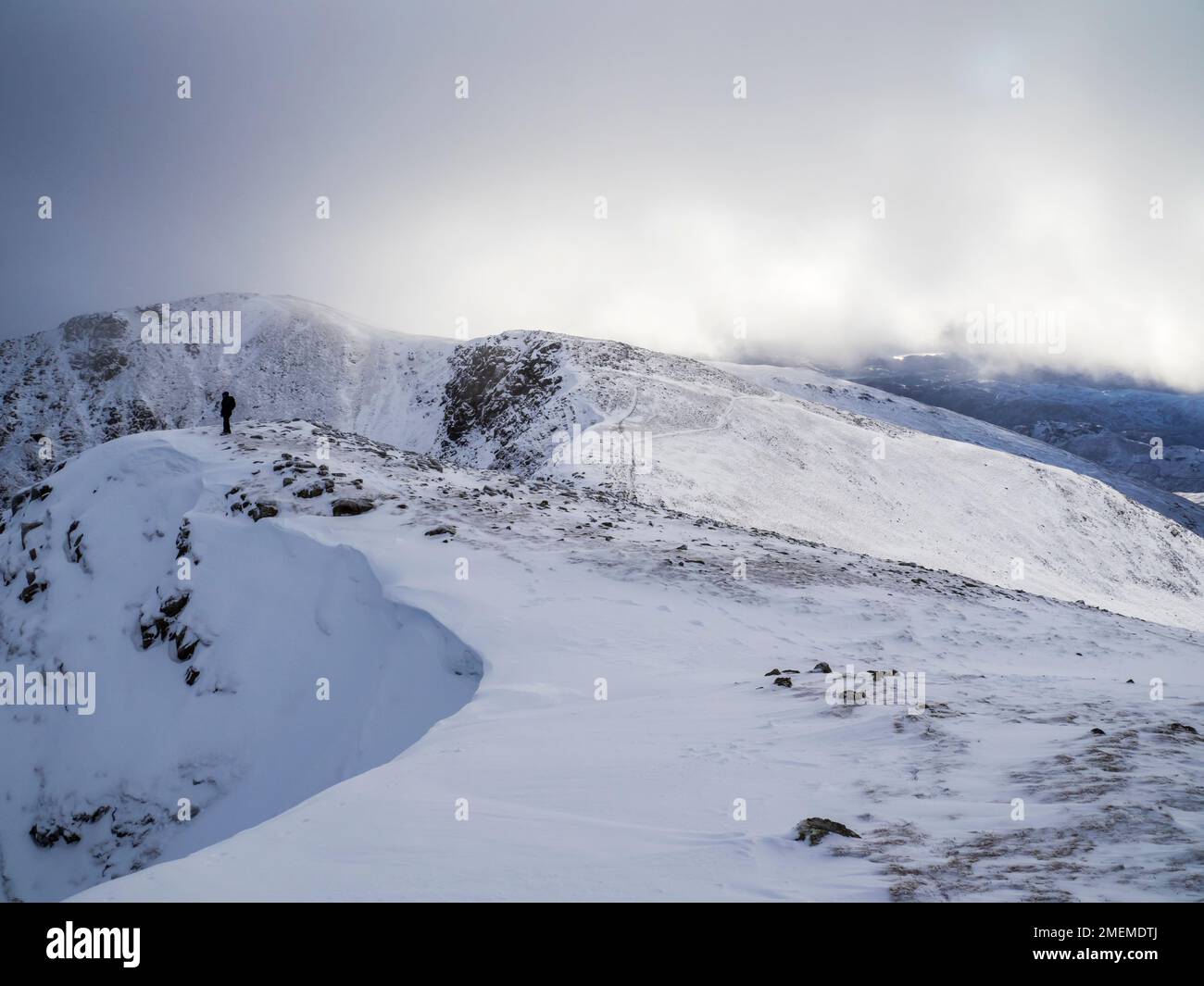 A Hiker on the Helvellyn range with a cornice on the edger, Lake ...