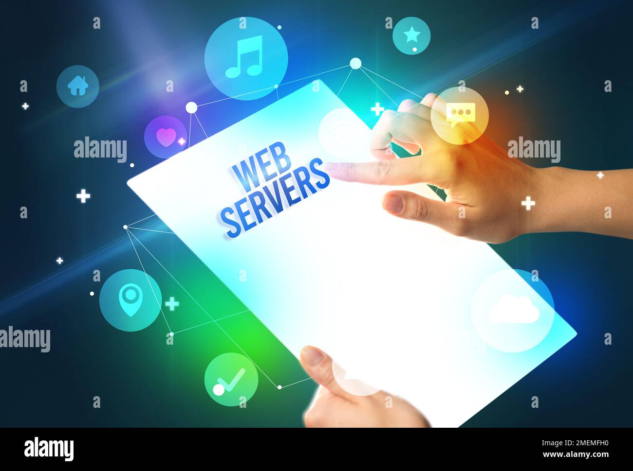 Holding futuristic tablet, new media concept Stock Photo - Alamy