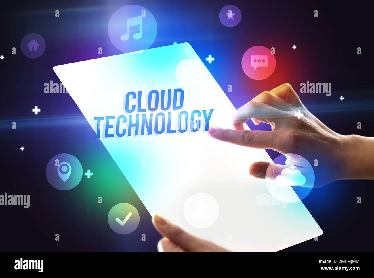 Holding futuristic tablet, new media concept Stock Photo - Alamy