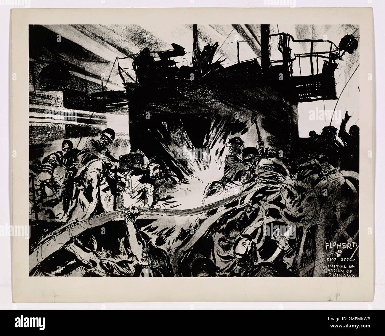 LST on fire, Kerama Retto. This image depicts artwork of a Coast Guard ...
