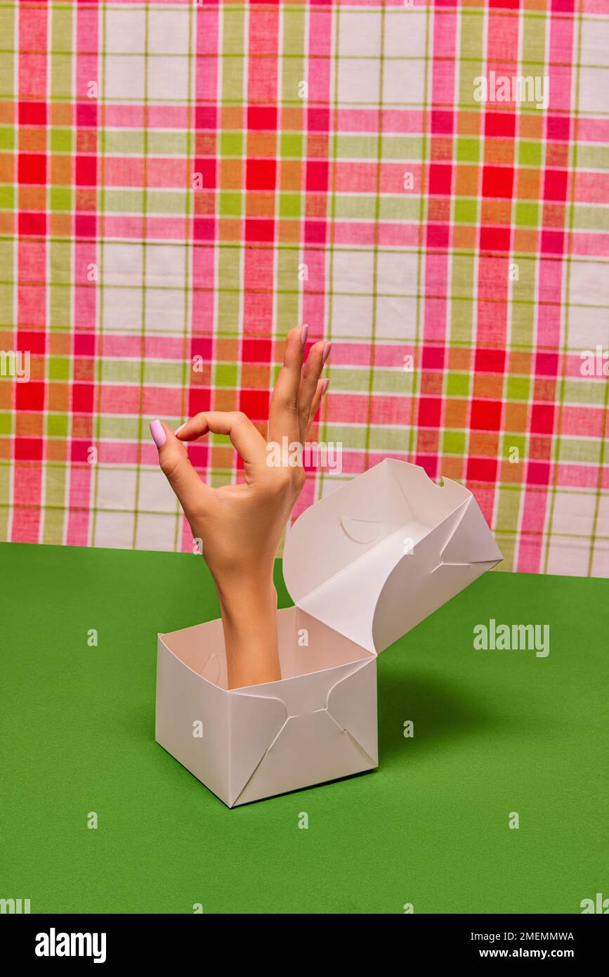 Pop art photography. Female hand sticking out food box and showing Ok ...