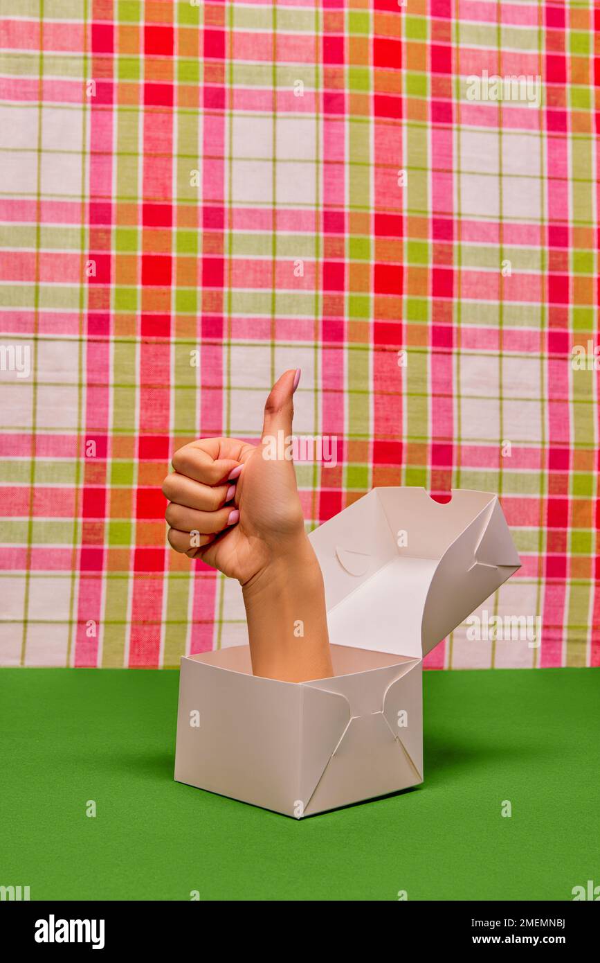 Pop art photography. Female hand sticking out food box and showing ...