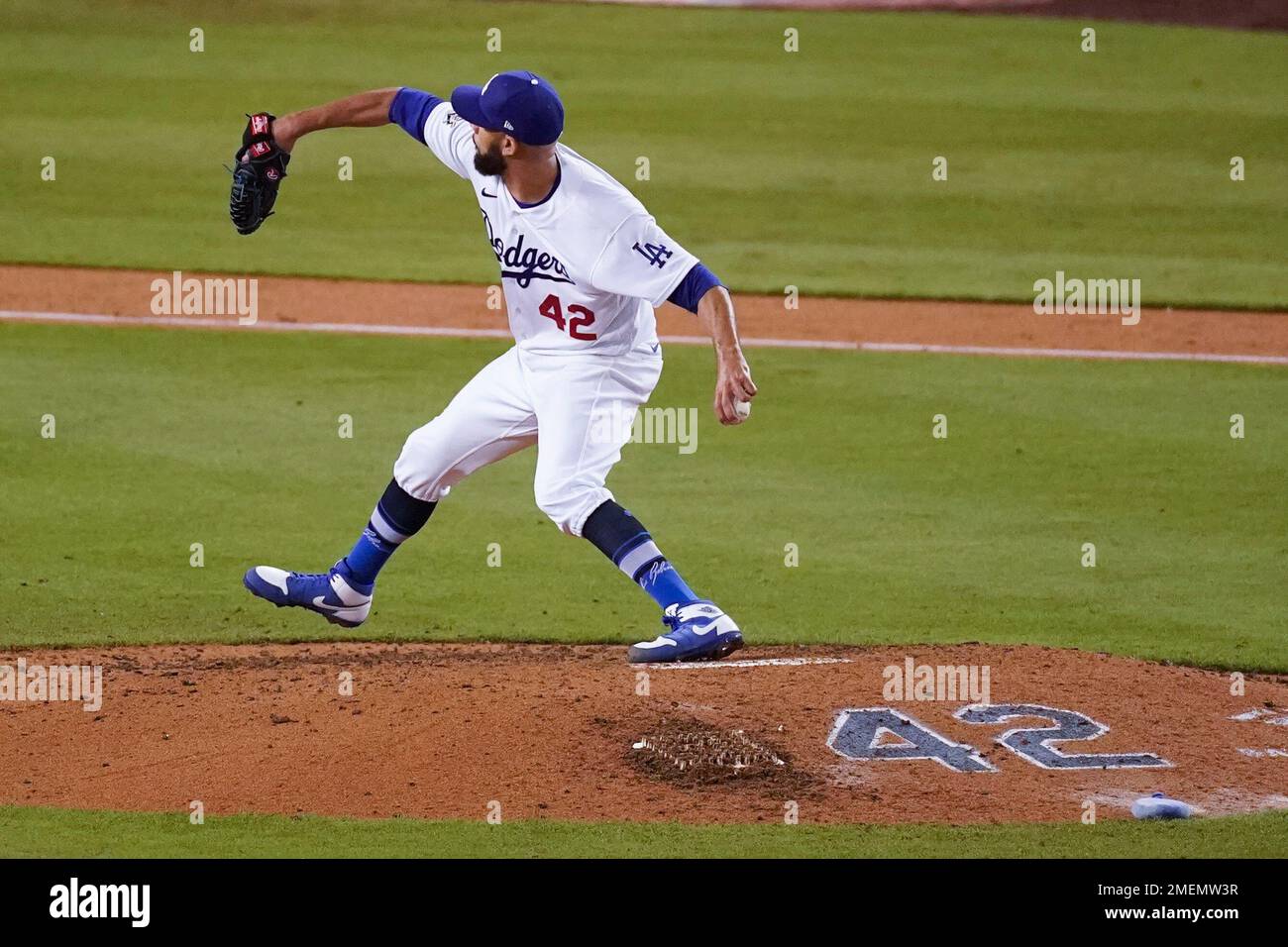 Los Angeles Dodgers relief pitcher David Price throws during the ninth ...
