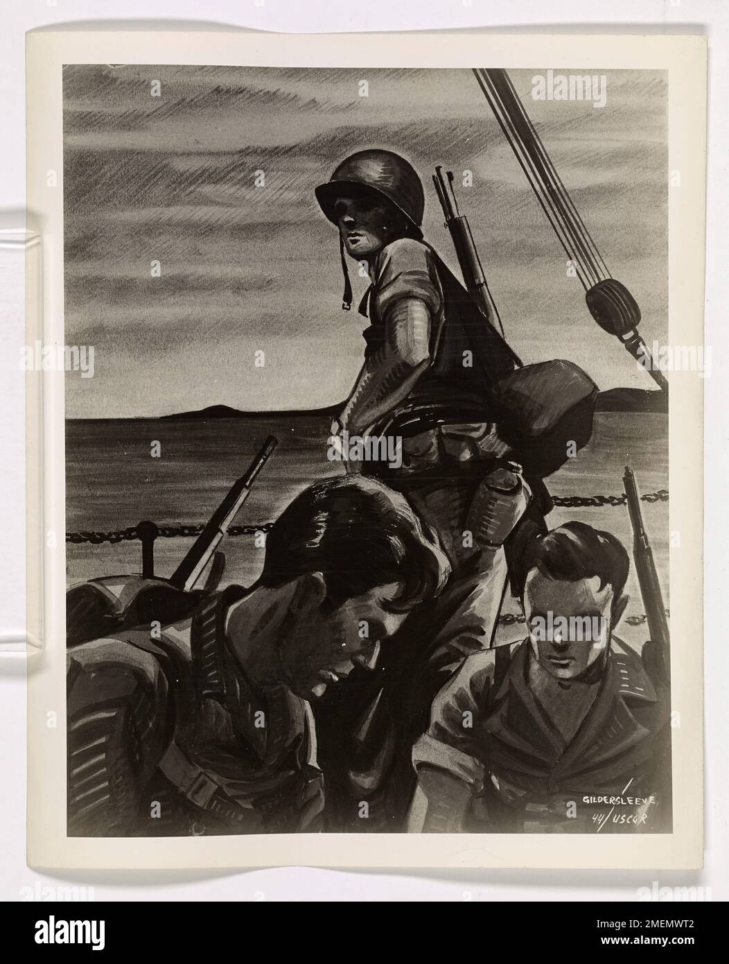 Three U.S. Army soldiers are shown aboard a Coast Guard-manned vessel ...