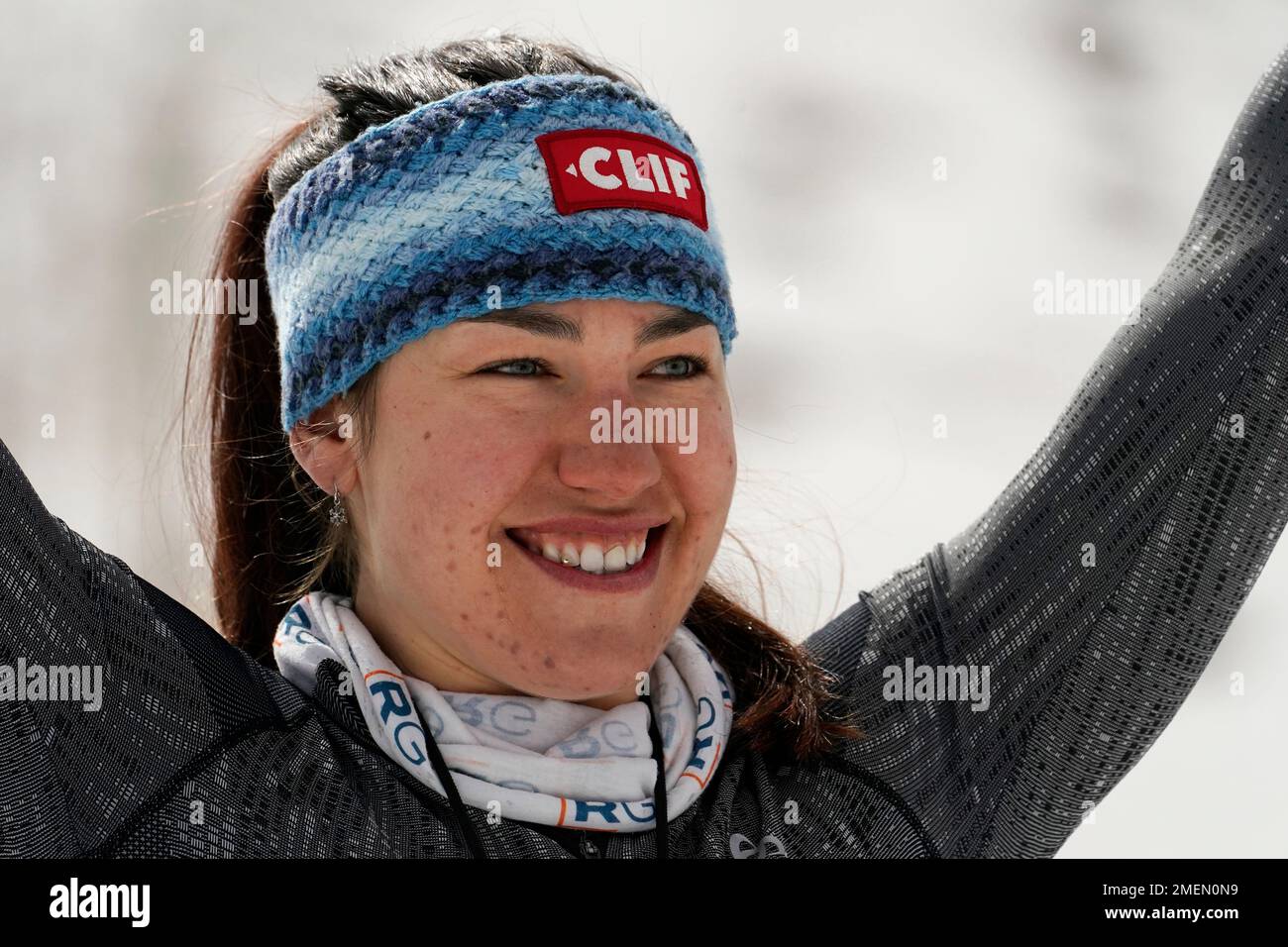 First place finisher Lila Lapanja celebrates on the podium after a ...