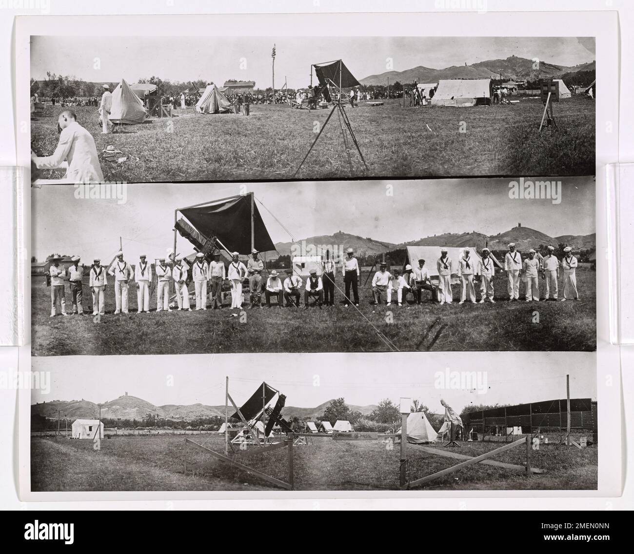 This image depicts an unidentified military camp, showing soldiers and ...