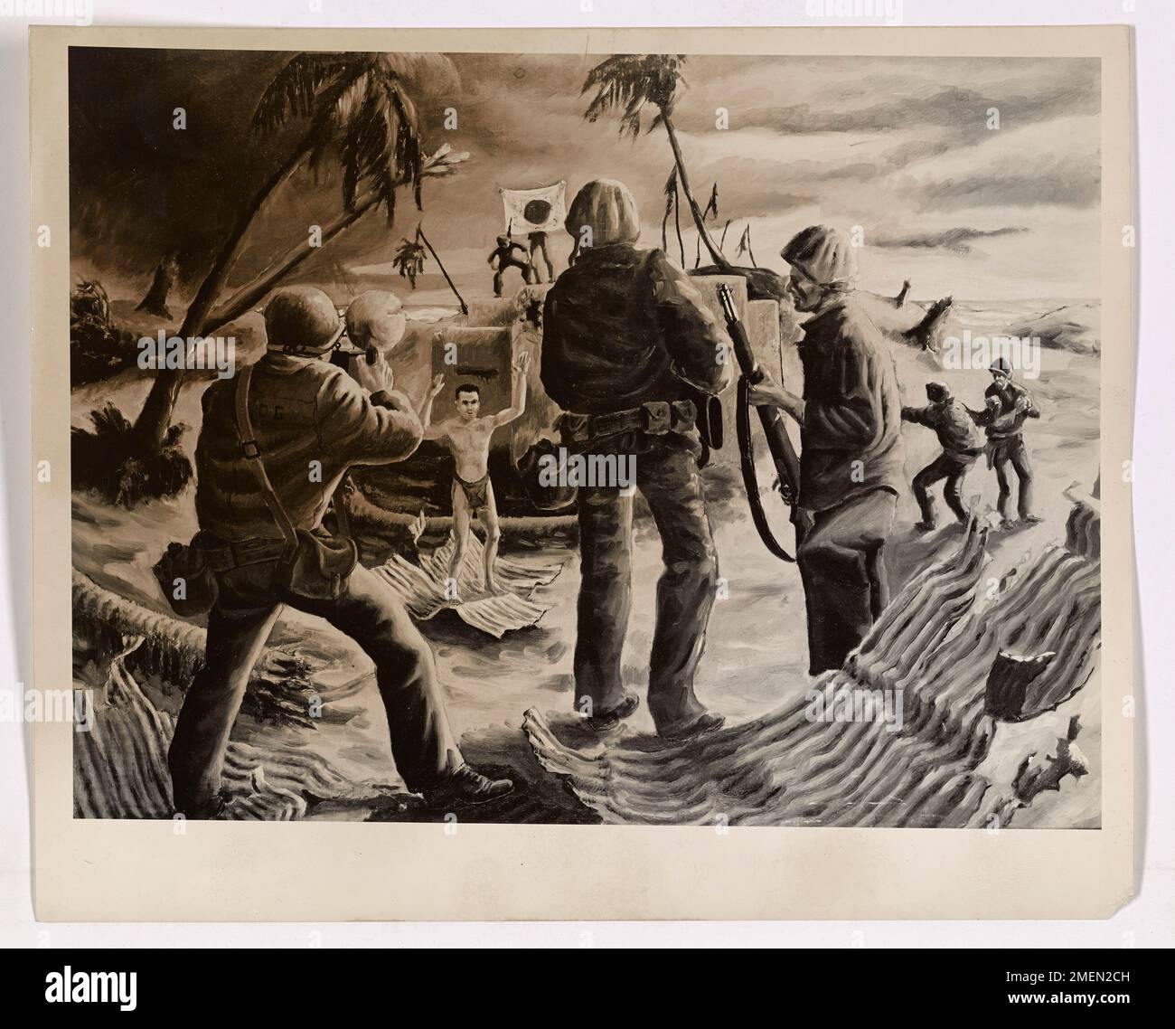 This artwork depicts American soldiers capturing a well-fortified ...