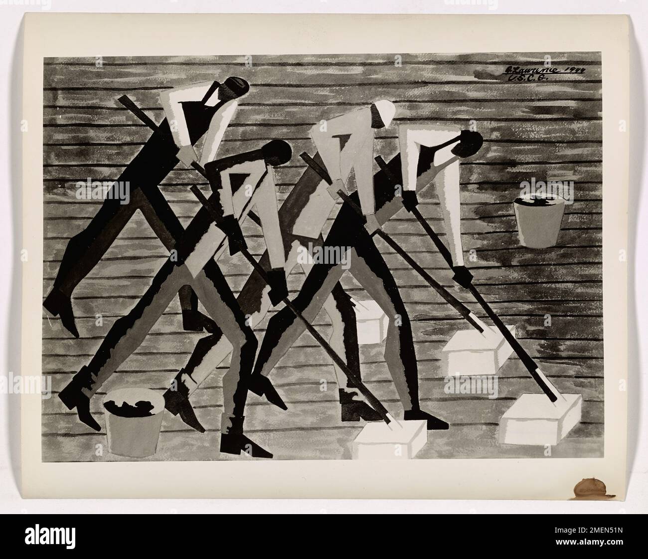 Coast Guardsmen aboard a transport ship are depicted holystoning the ...