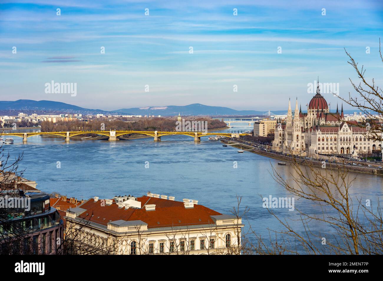 Danube river in Budapest with hungarian parliament and Margit bridge ...