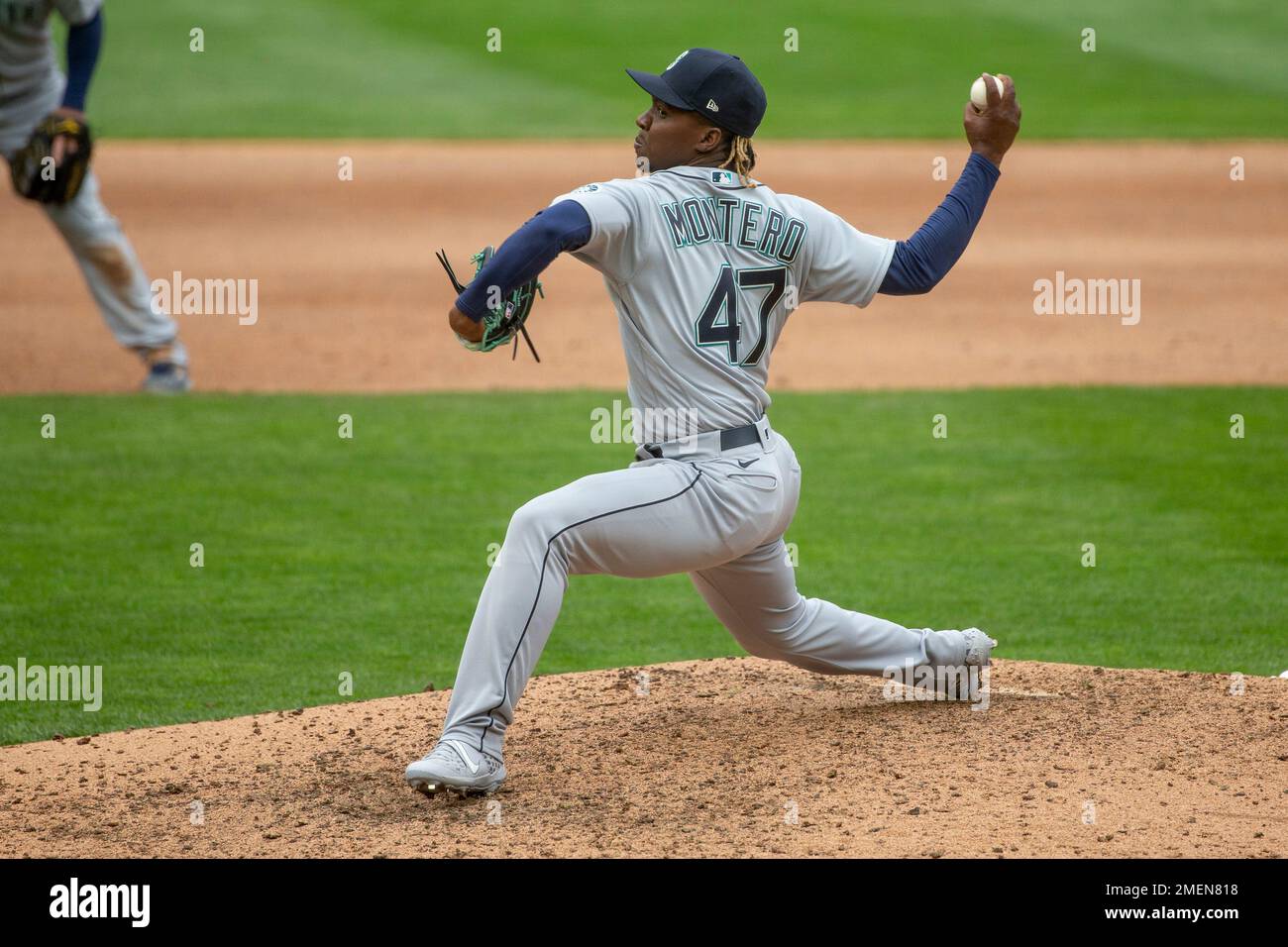 Seattle Mariners' Rafael Montero throws to the Minnesota Twins at a ...