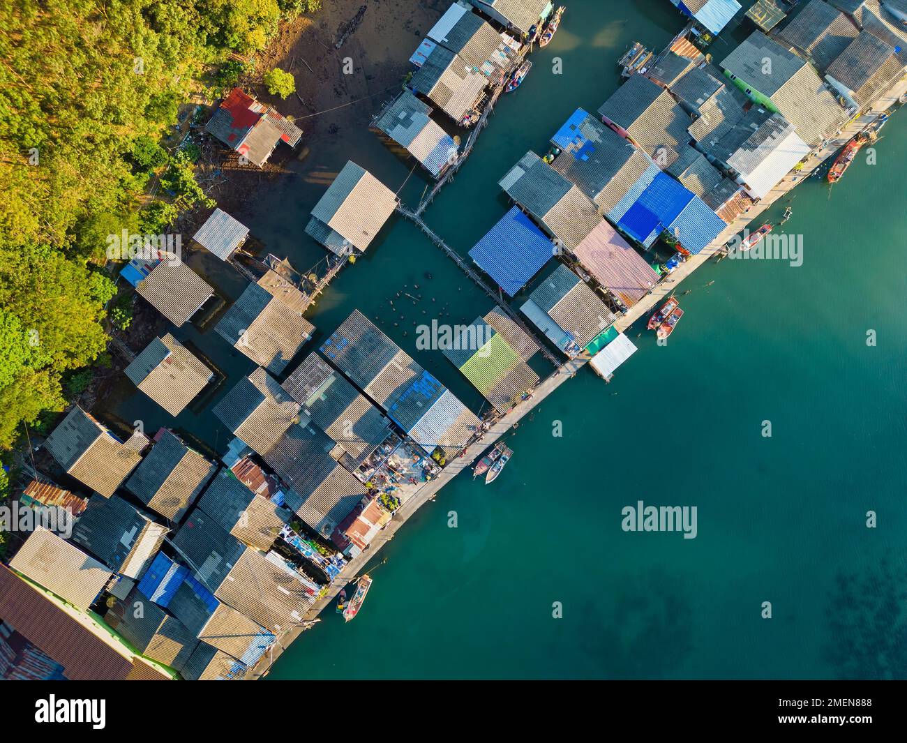 A top view of the Ao Salat floating fishing village on the sea in ...