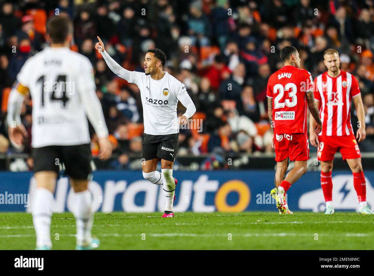 Justin Kluivert of Valencia celebrates a goal 1-0 during the Spanish ...