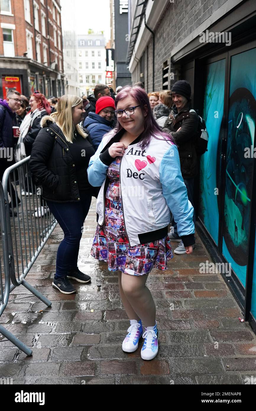 Heidi Sargent, wearing an Ant & Dec themed dress, queues for tickets ...