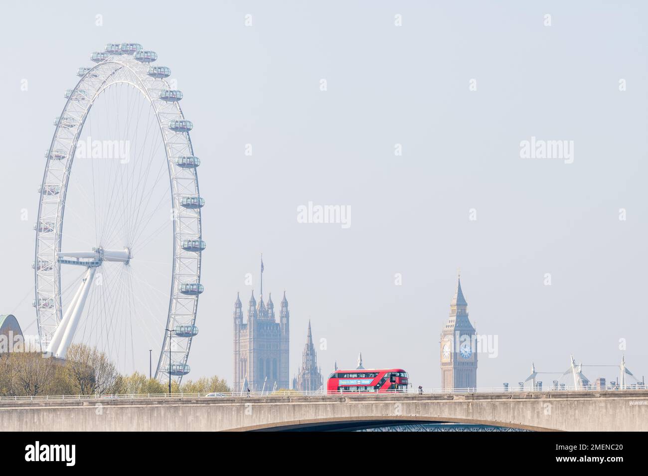 Morning view towards The London Eye, Waterloo Bridge and The Palace of ...