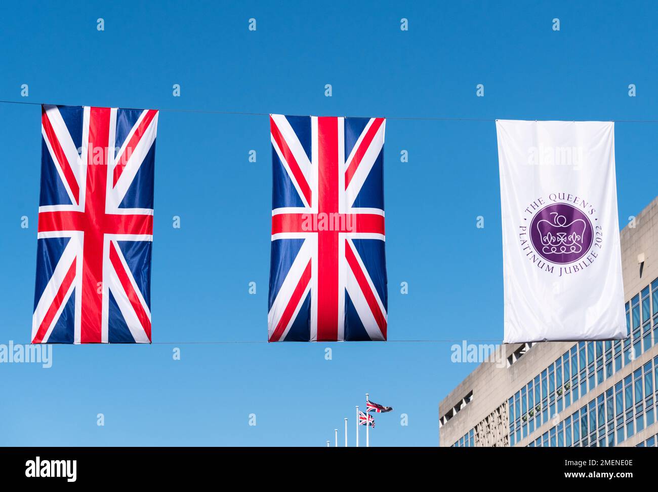 Union Jack and The Queen Platinum Jubilee flag on Oxford Street, London ...