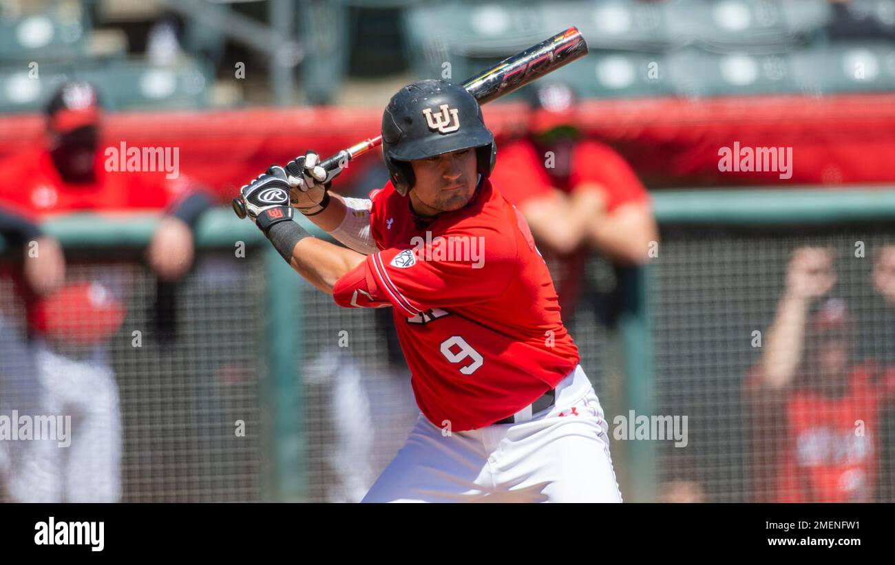 Utah infielder Rykker Tom (9) bats during an NCAA baseball game on ...
