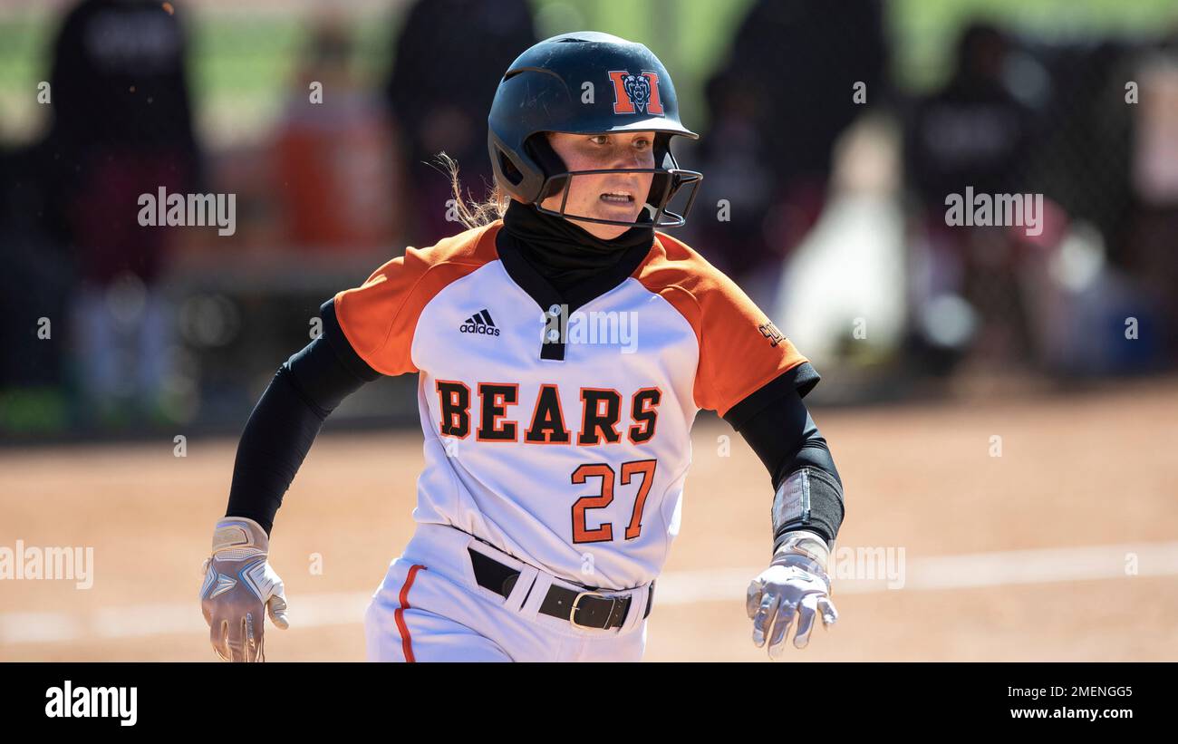 Mercer's Annie Potter (28) runs to first base during an NCAA softball ...