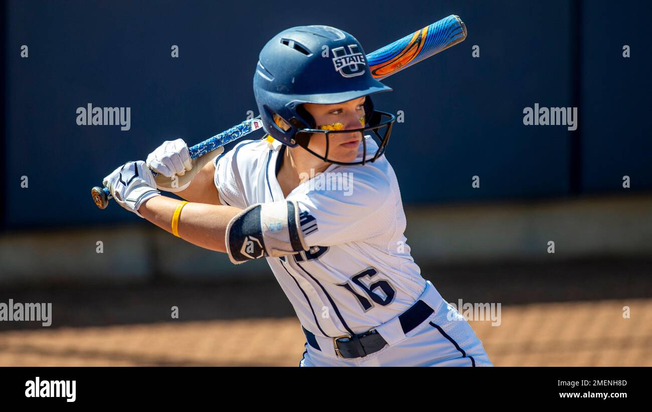 Utah St. outfielder Stephanie Reed (16) bats during an NCAA softball ...
