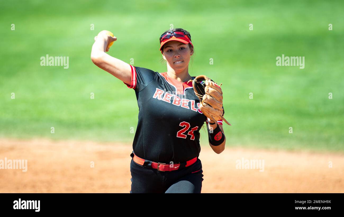 UNLV shortstop Samantha Diaz (24) throws during an NCAA softball game ...
