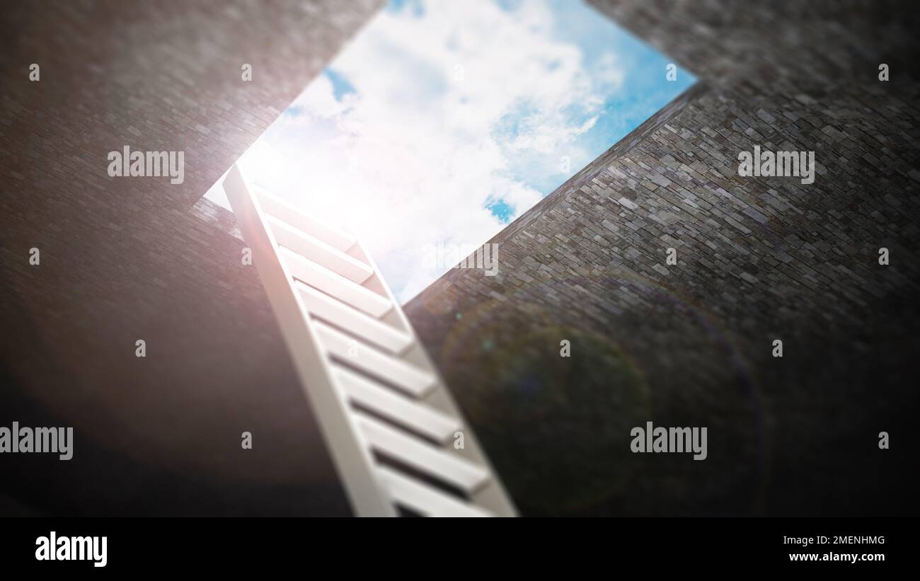 Ladder leading to the opening to the blue sky. 3D illustration Stock ...