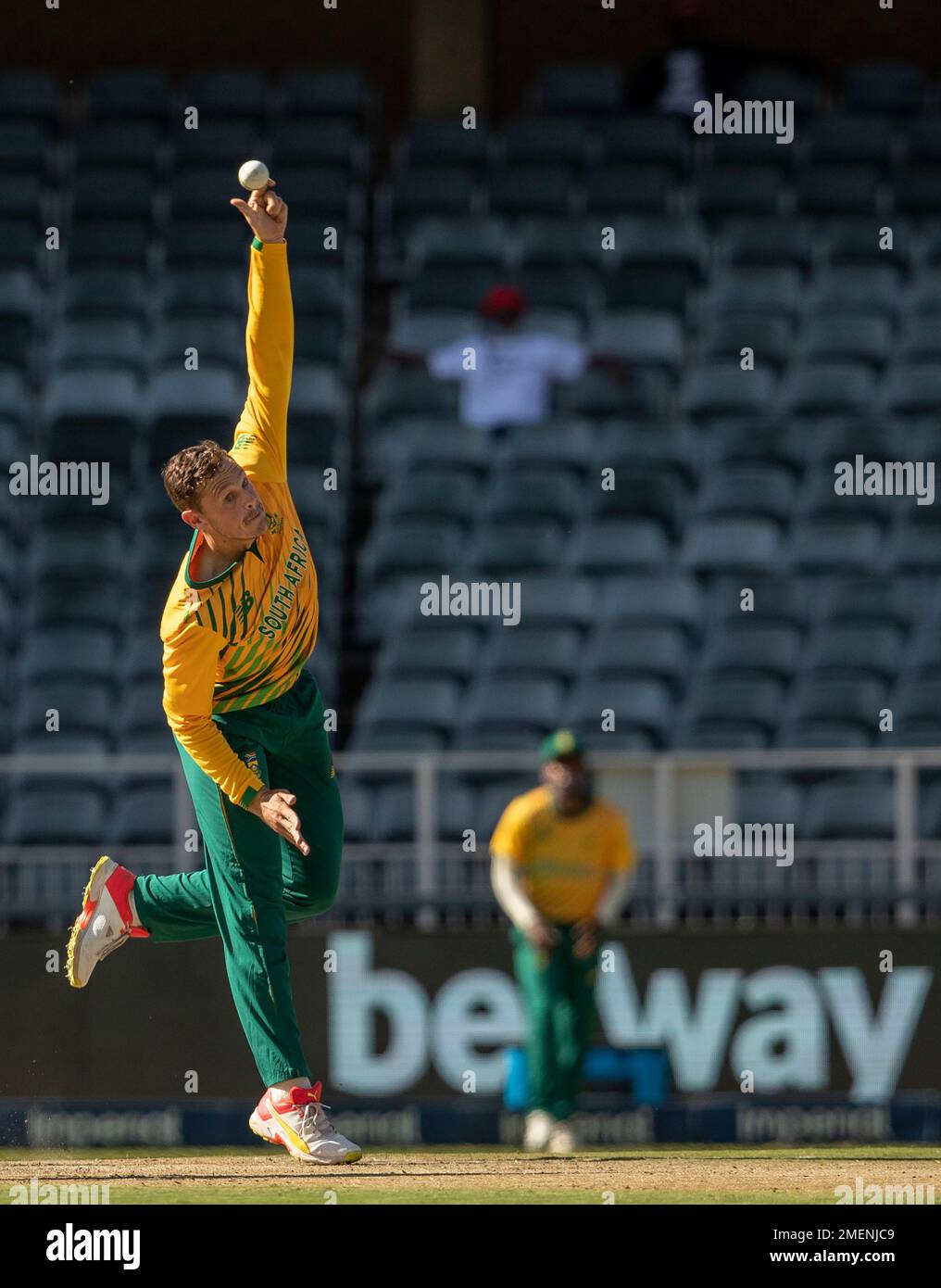 South Africa's bowler George Linde bowls during the second T20 cricket ...