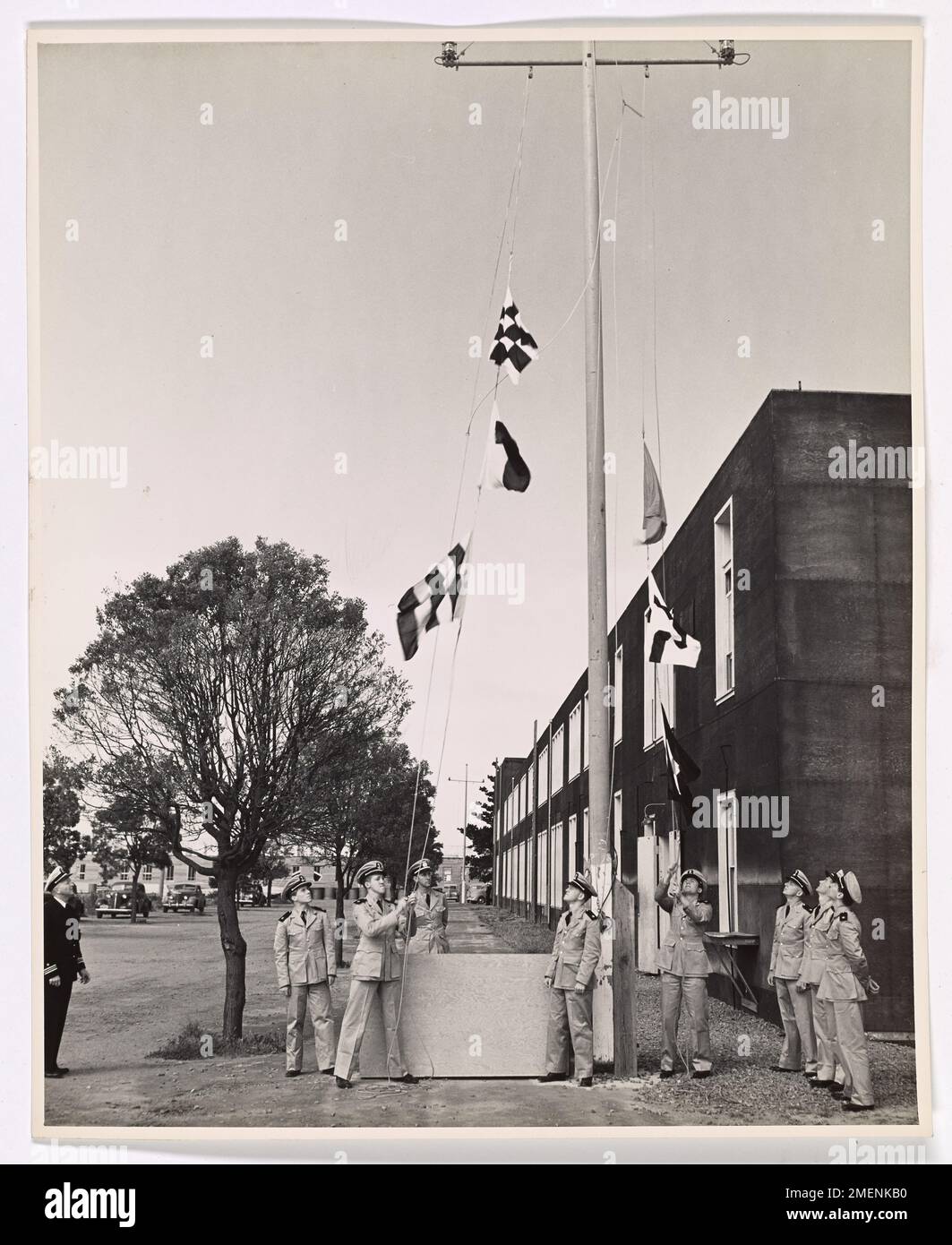 A group of U.S. Maritime Academy deck cadets practices flag hoist ...