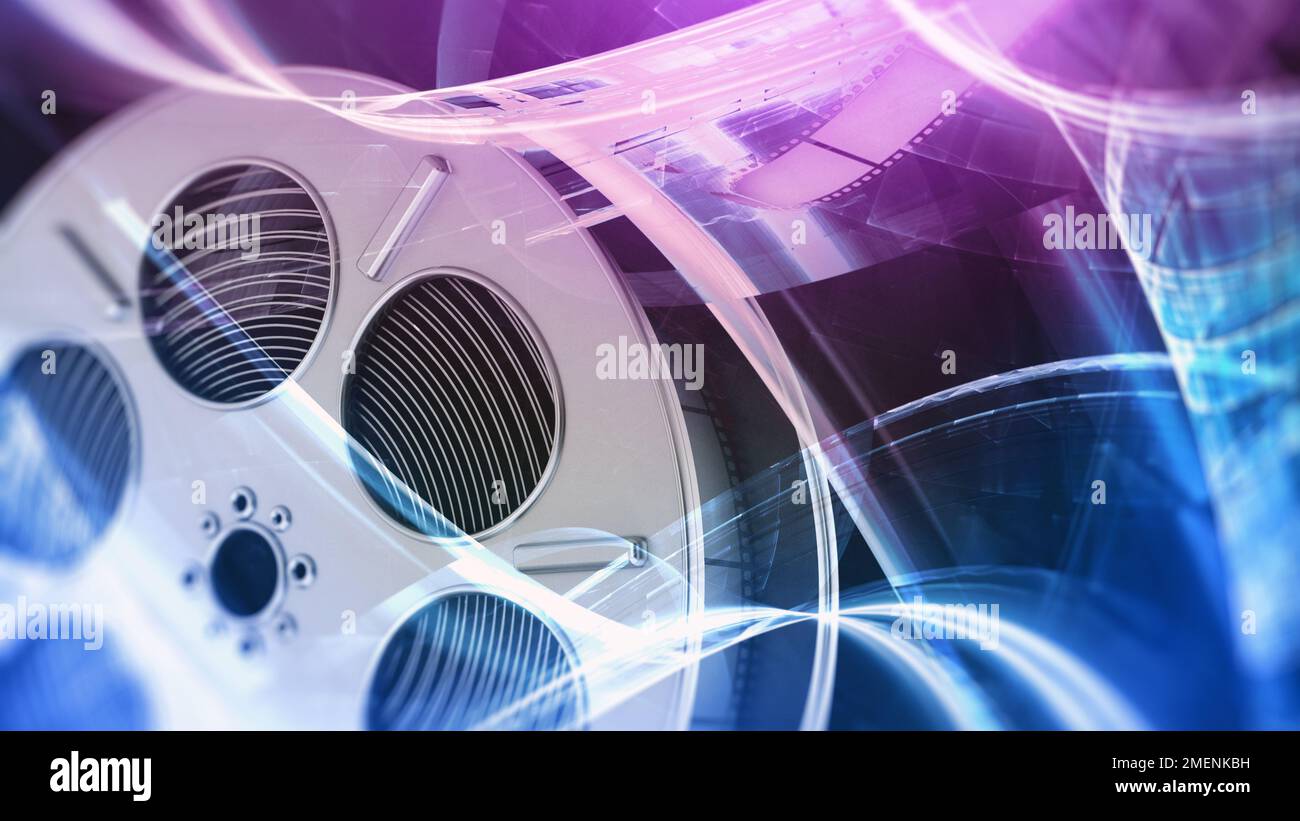 Film reel background in blue color tones. 3D illustration Stock Photo ...