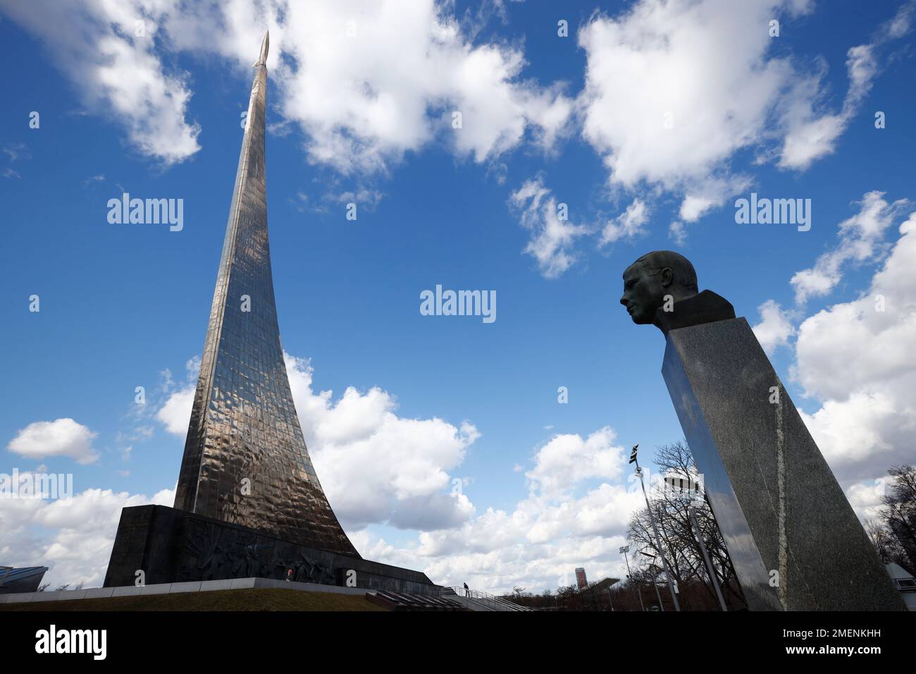 The bust of Yuri Gagarin, right, and the 107-meter (351-feet) high ...