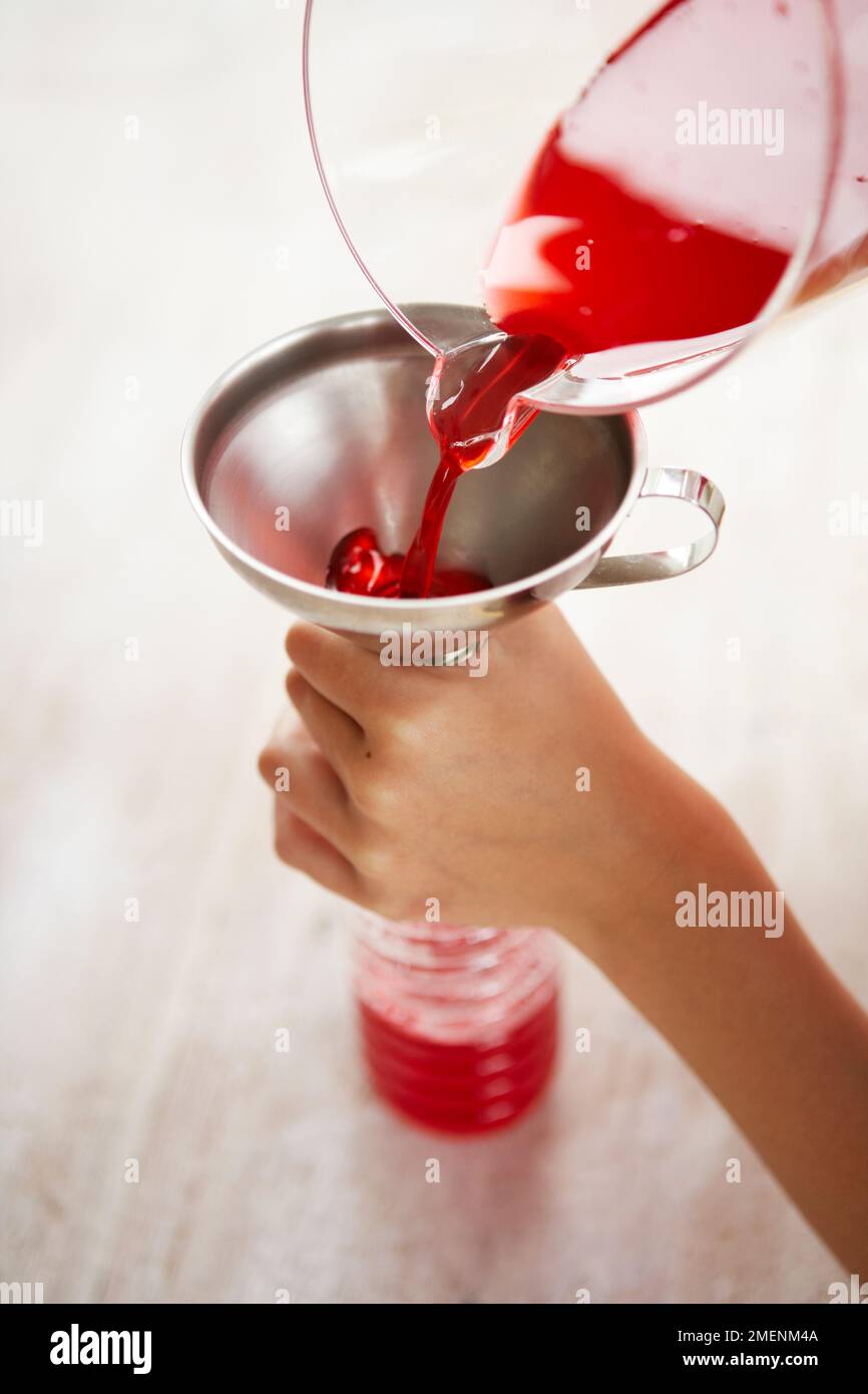 pouring redcurrant mix into bottle through a silver funnel Stock Photo ...