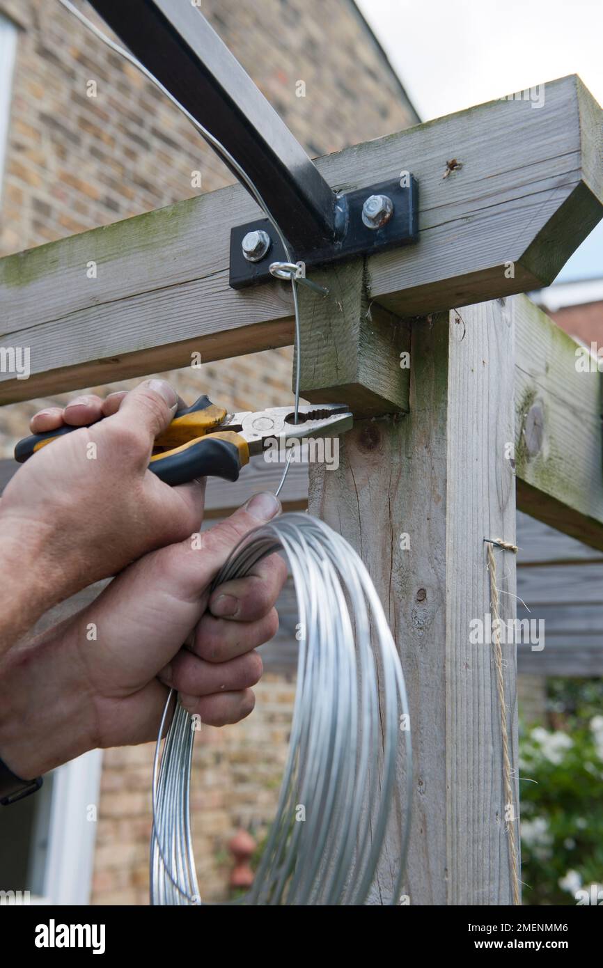 Making a DIY patio canopy - securing wire through a vine eye on a ...