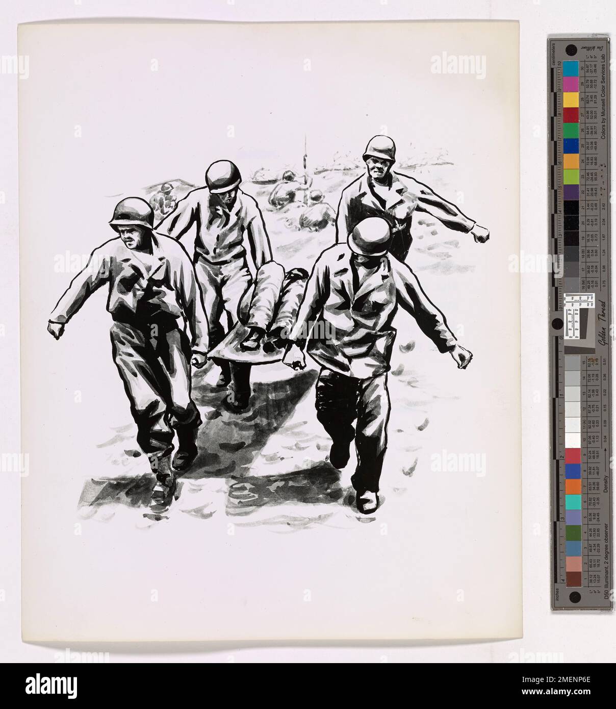 A Coast Guard Combat Artist's depiction of Coast Guardsmen carrying a ...