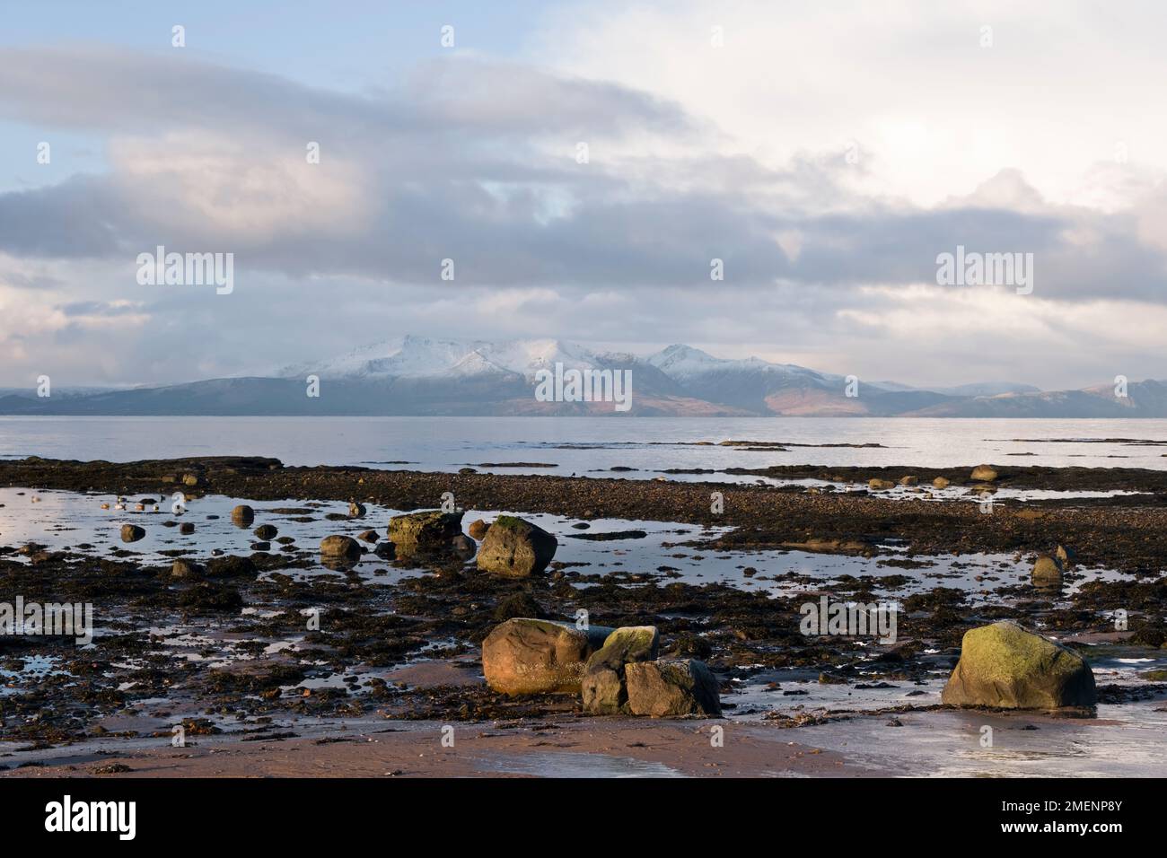 The Isle of Arran from Seamill shore line on a Freezing day in January ...