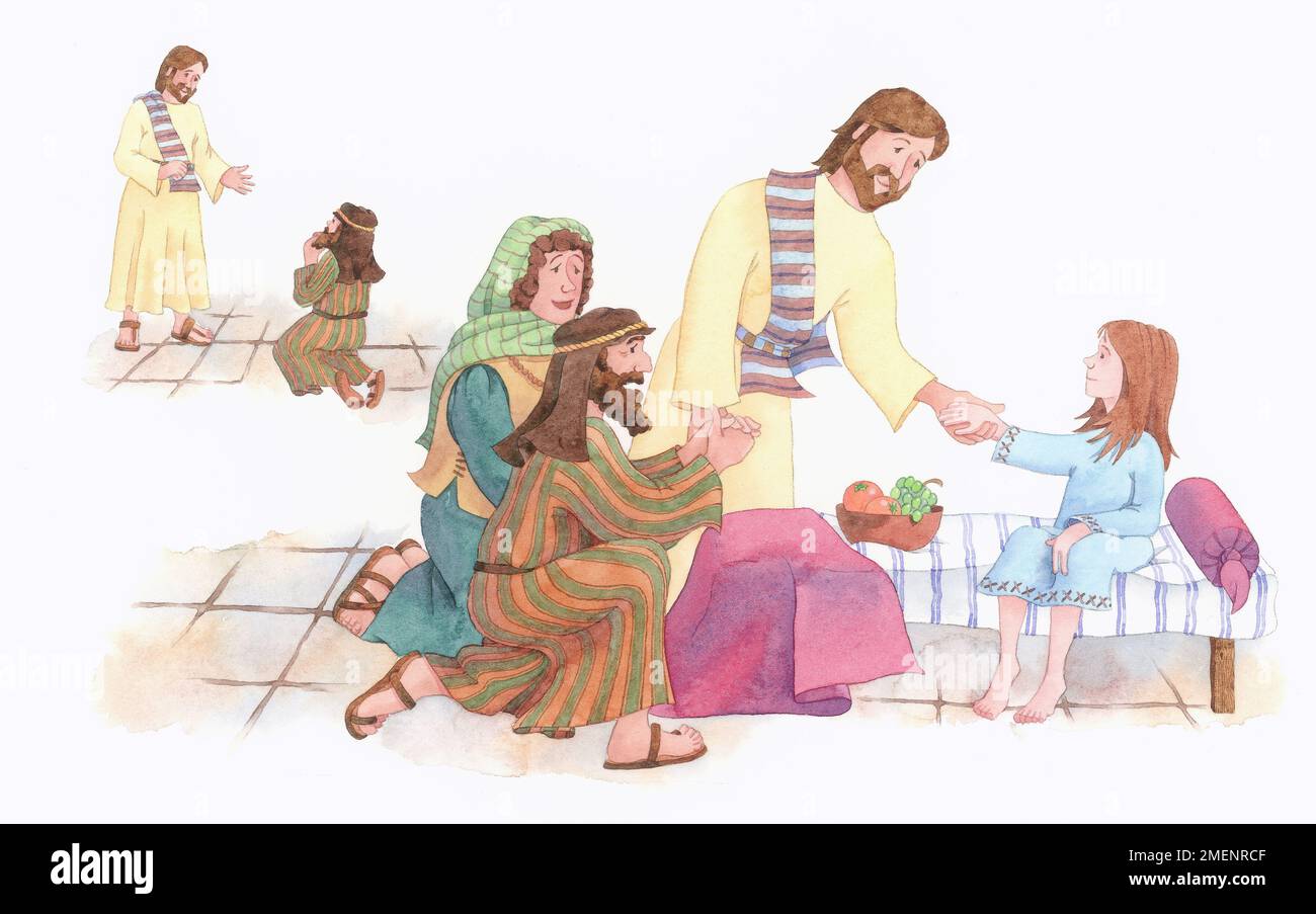 Man and woman kneeling, man holding the hand of girl sat on bed Stock ...