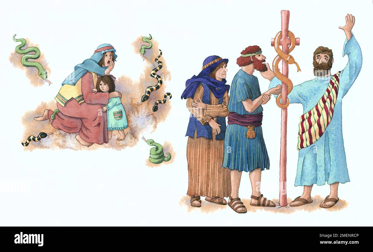 Woman protecting child from snakes, two men and woman standing round ...