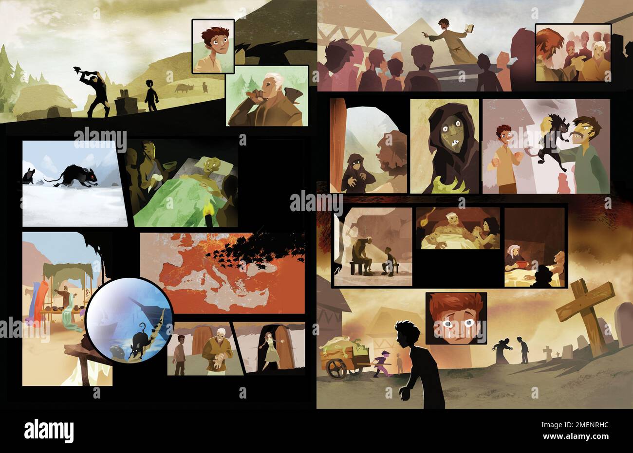 Comic book style illustration of the Black Death Stock Photo - Alamy