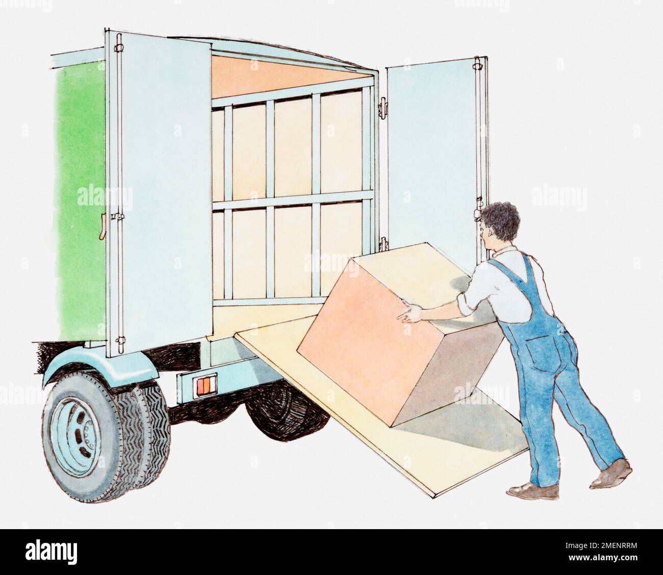 Illustration of man pushing large box into back of truck using ramp ...
