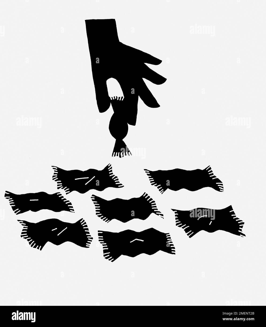 Black and white illustration of hand picking up piece of chocolate in ...