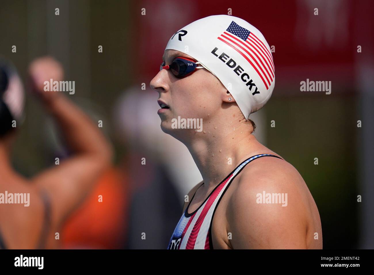 Katie Ledecky prepares to compete in the women's 1500-meter freestyle final at the TYR Pro Swim ...