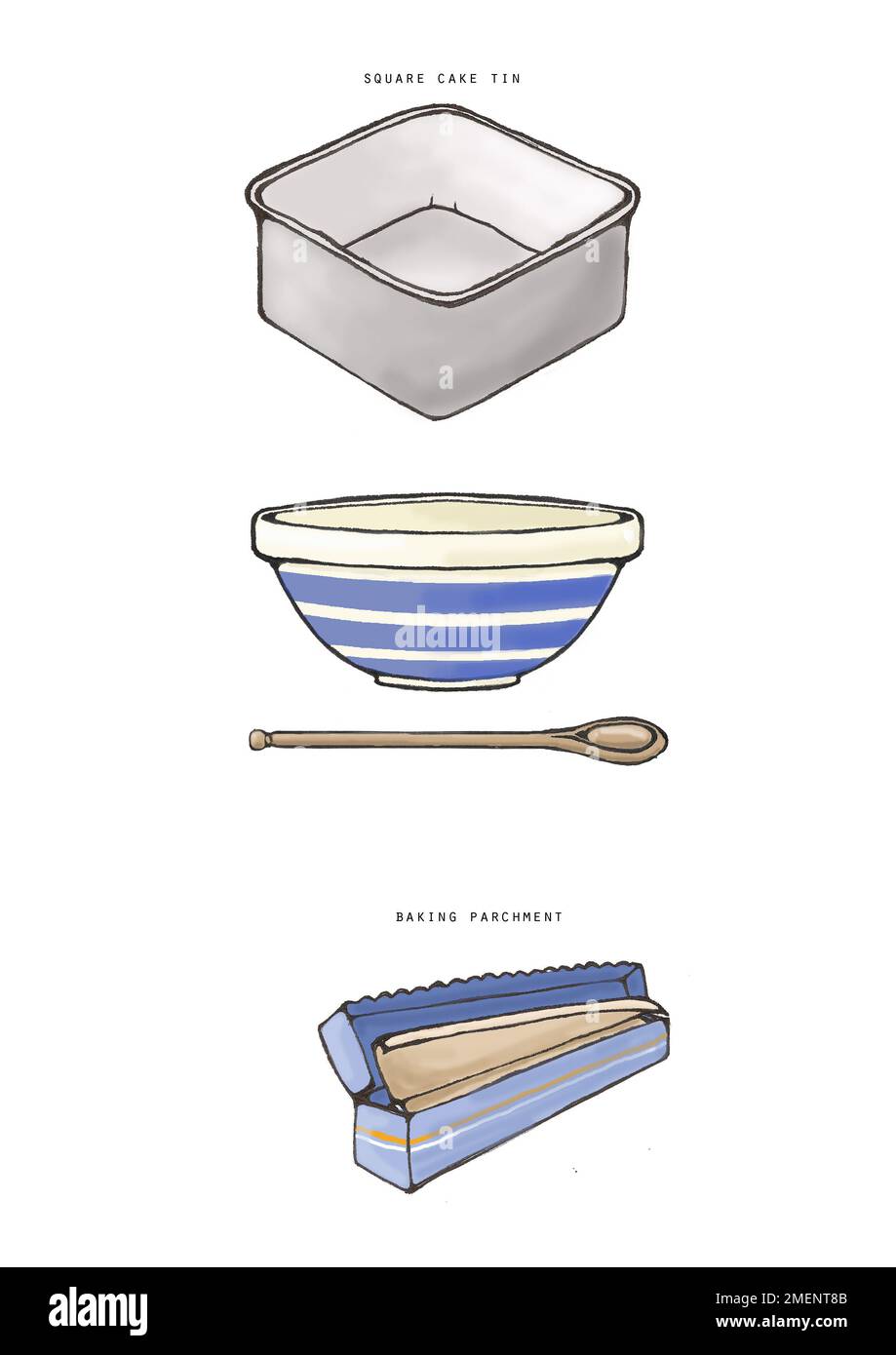 Illustration, baking equipment including square cake tin Stock Photo ...