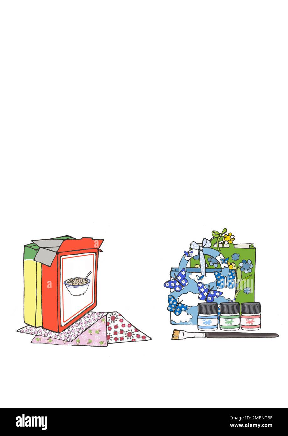 Illustration, box of cereals, decorative paper, and decorated present ...