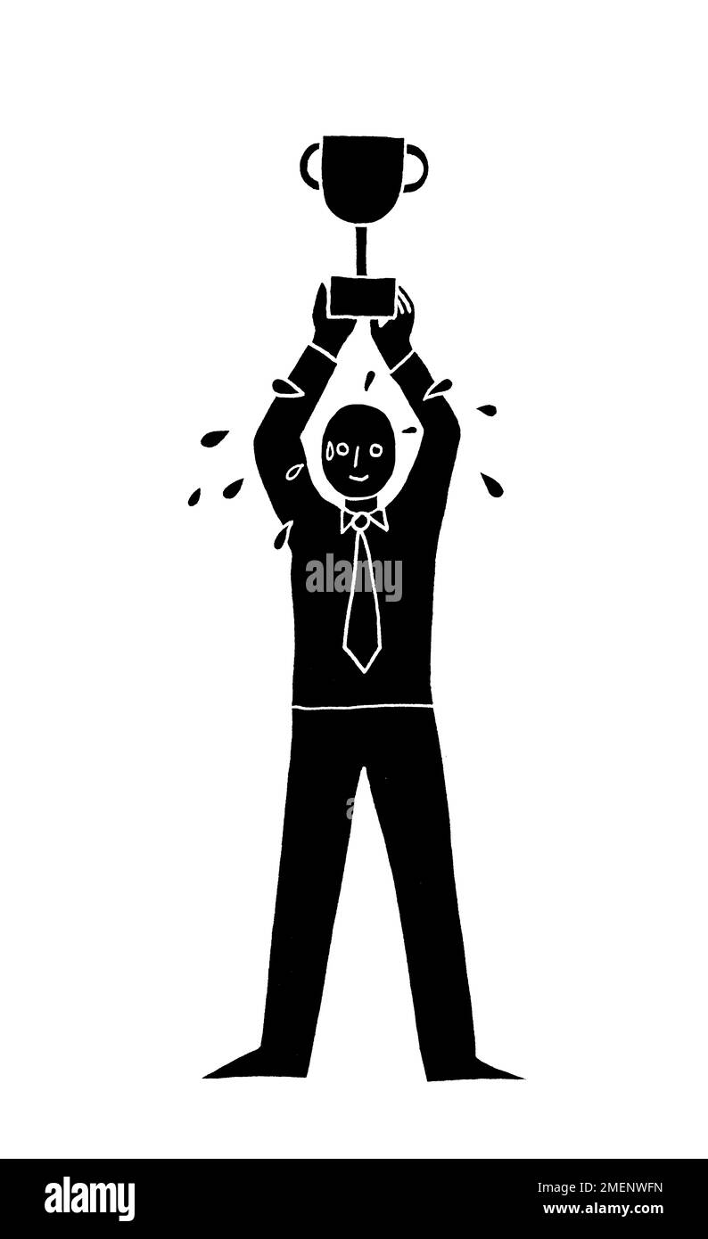 Black and white illustration of man sweating holding a trophy Stock ...
