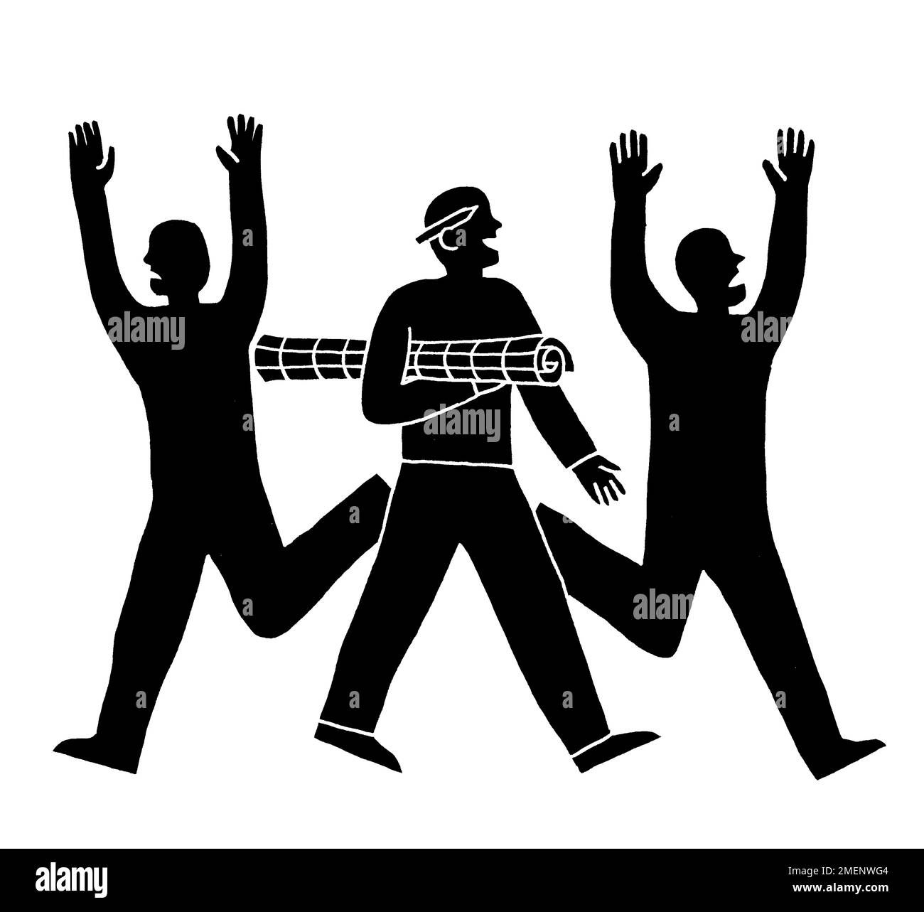 Black and white illustration of a man carrying plans under arm whislt ...