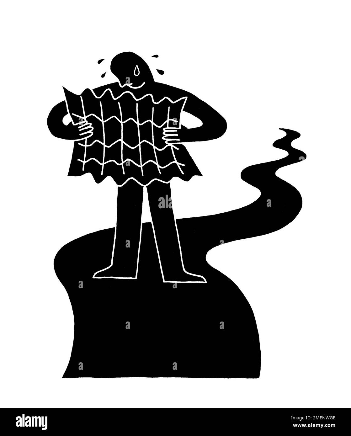 Black and white illustration of man on winding road looking confused ...