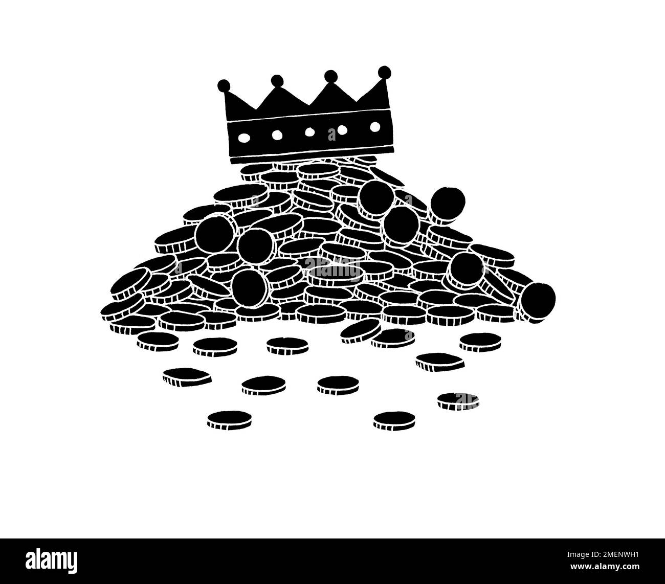 Black and white illustration of pile of coins with crown sitting on top ...