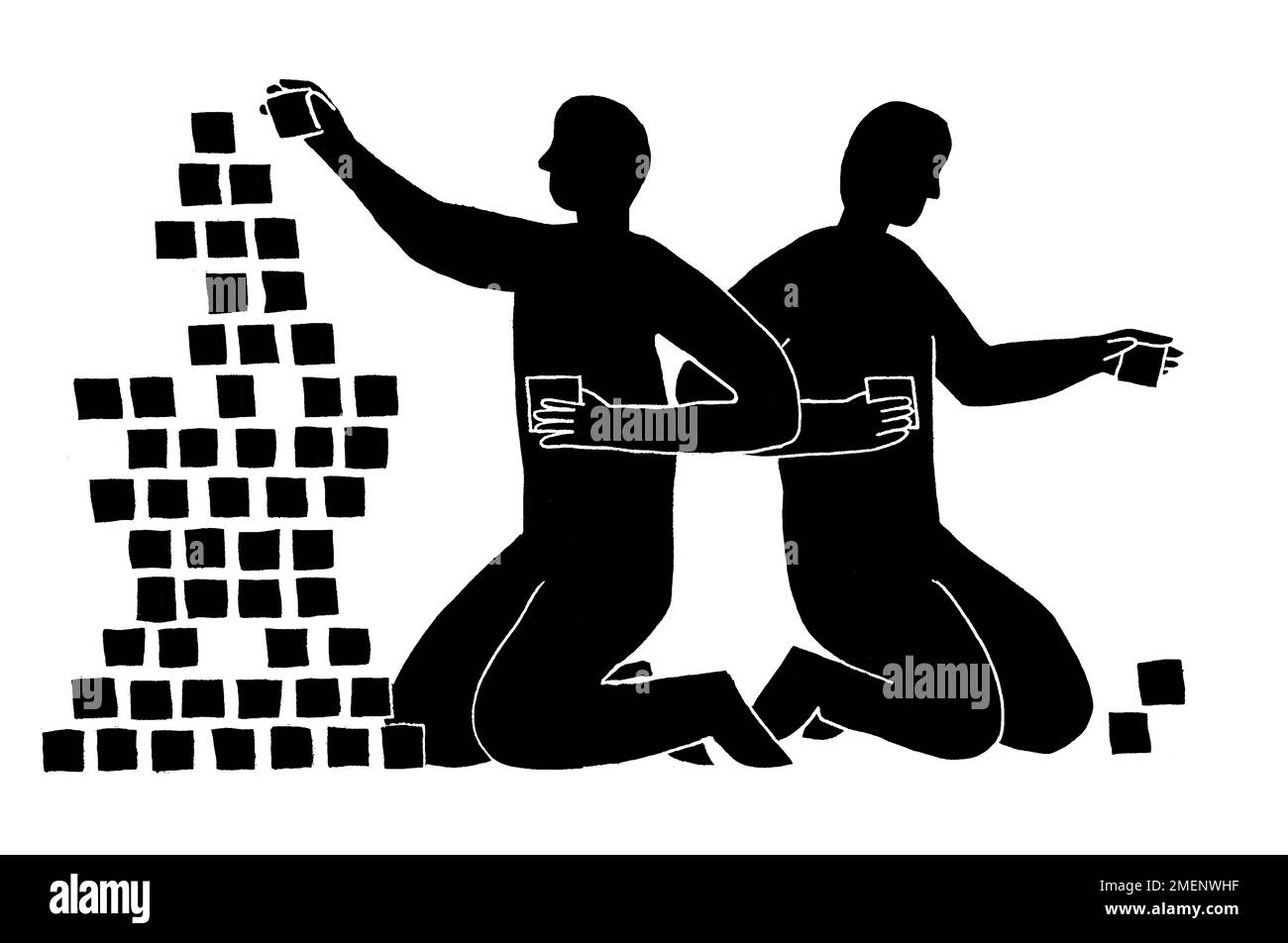 Black and white illustration of two men sitting on the floor playing ...