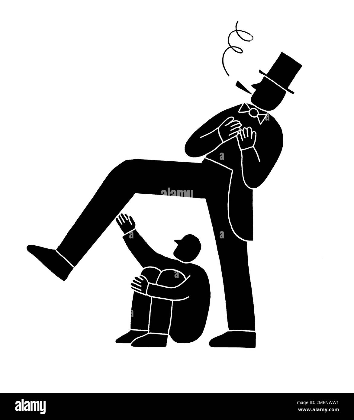 Black and white illustration of large figure in top hat and suit ...