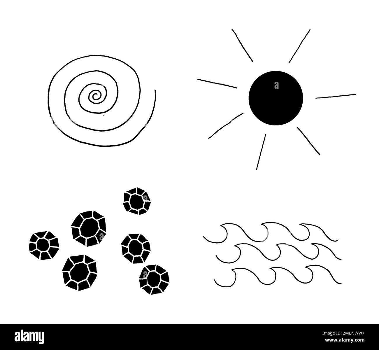 Black and white illustration of natural objects, wind, sun, sea ...