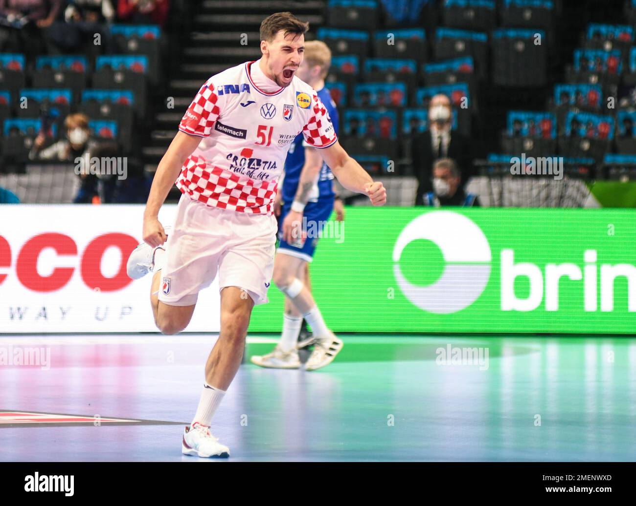 Ivan Martinovic (Croatia) celebrates a goal against Iceland. EHF Euro ...