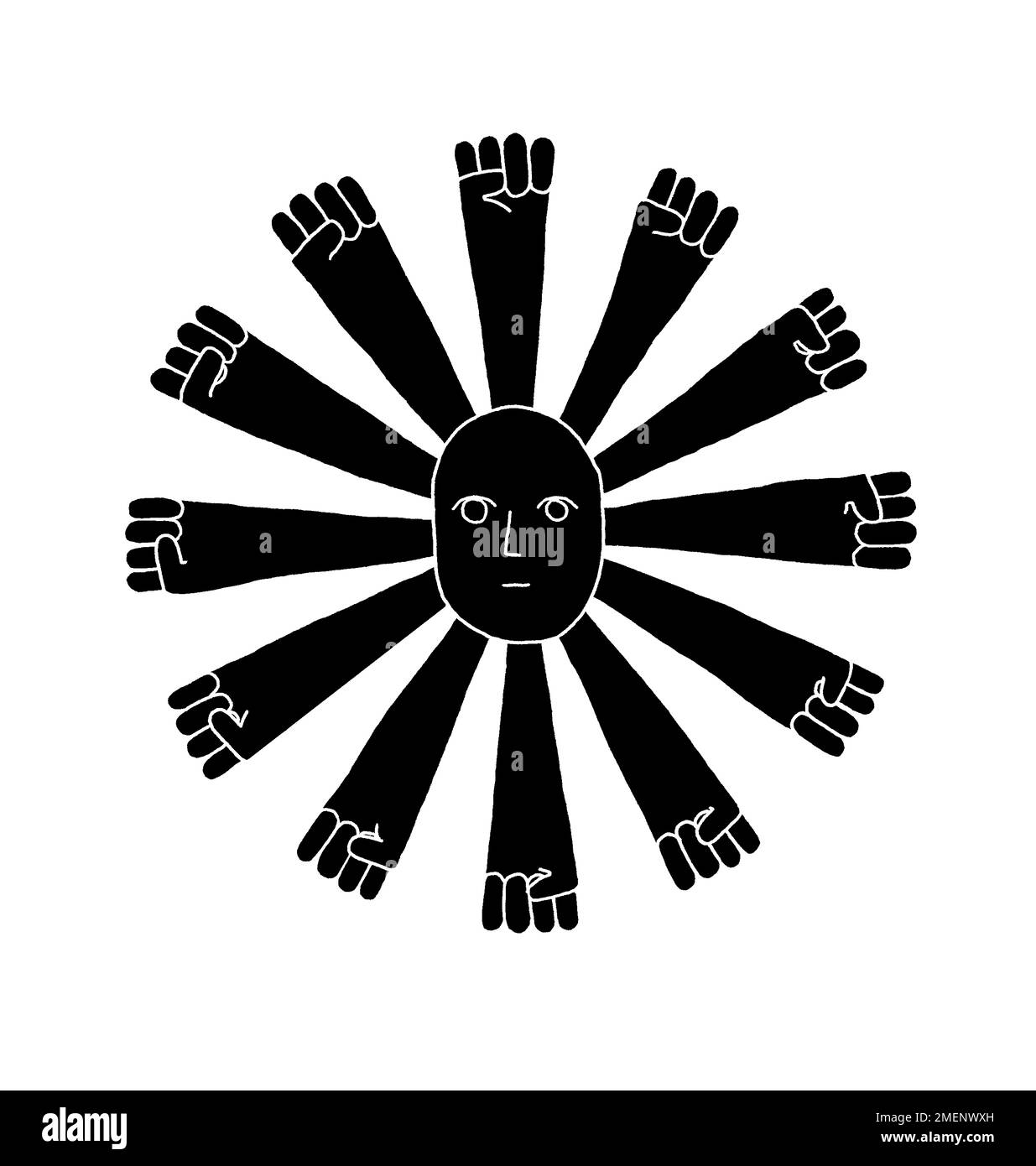 Black & white artwork of central figure surrounded by raised fists. Ito ...